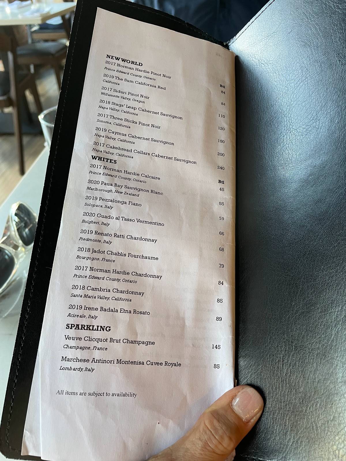 Menu at CIMA Enoteca restaurant, Hamilton