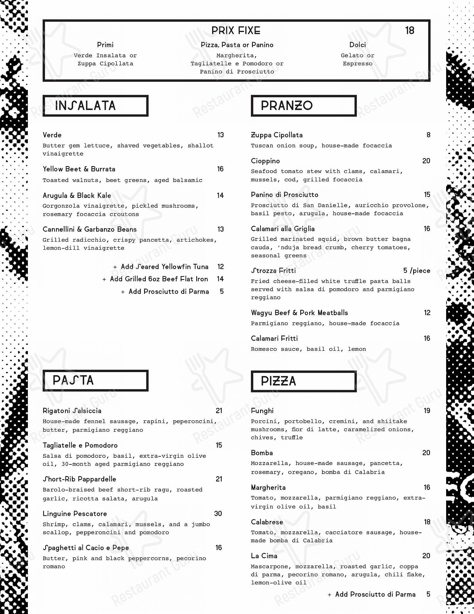 Menu at CIMA Enoteca restaurant, Hamilton