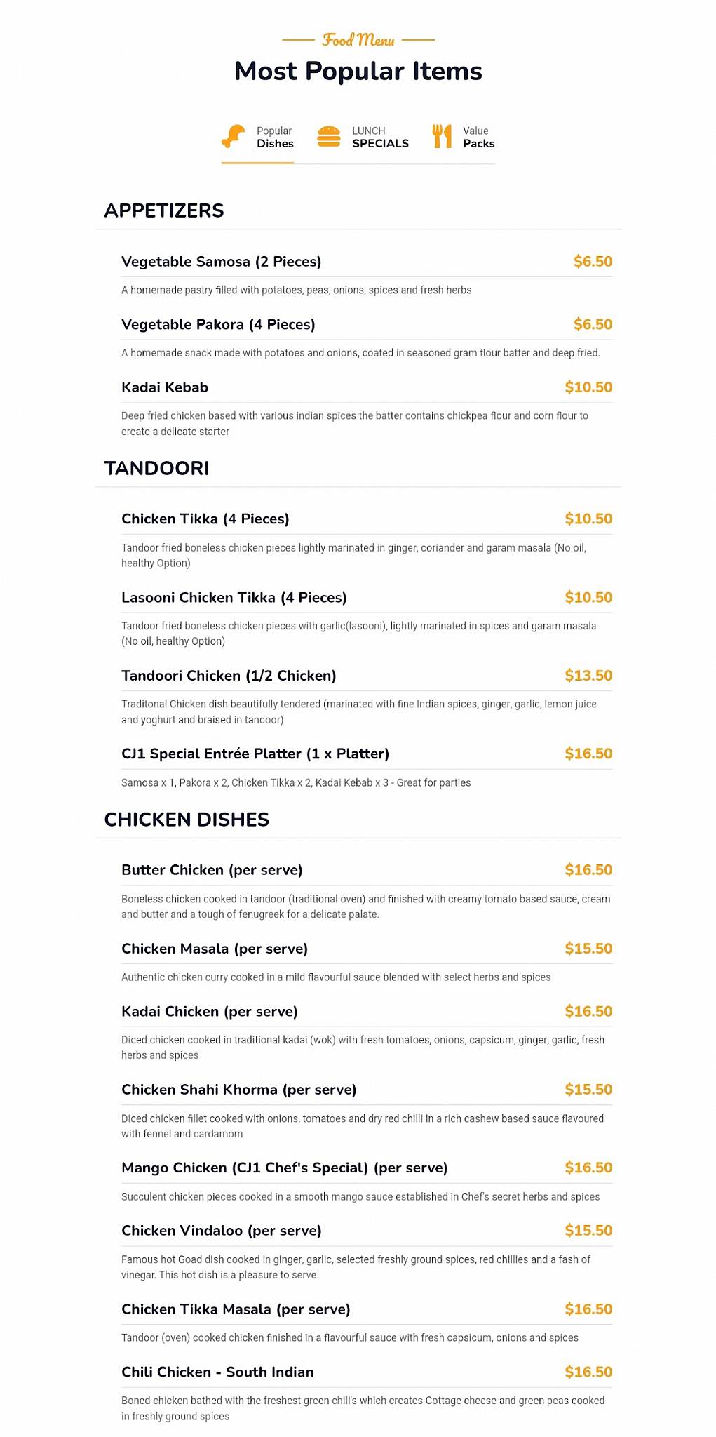 Menu at CJ1 Indian Curry fast food, Port Pirie