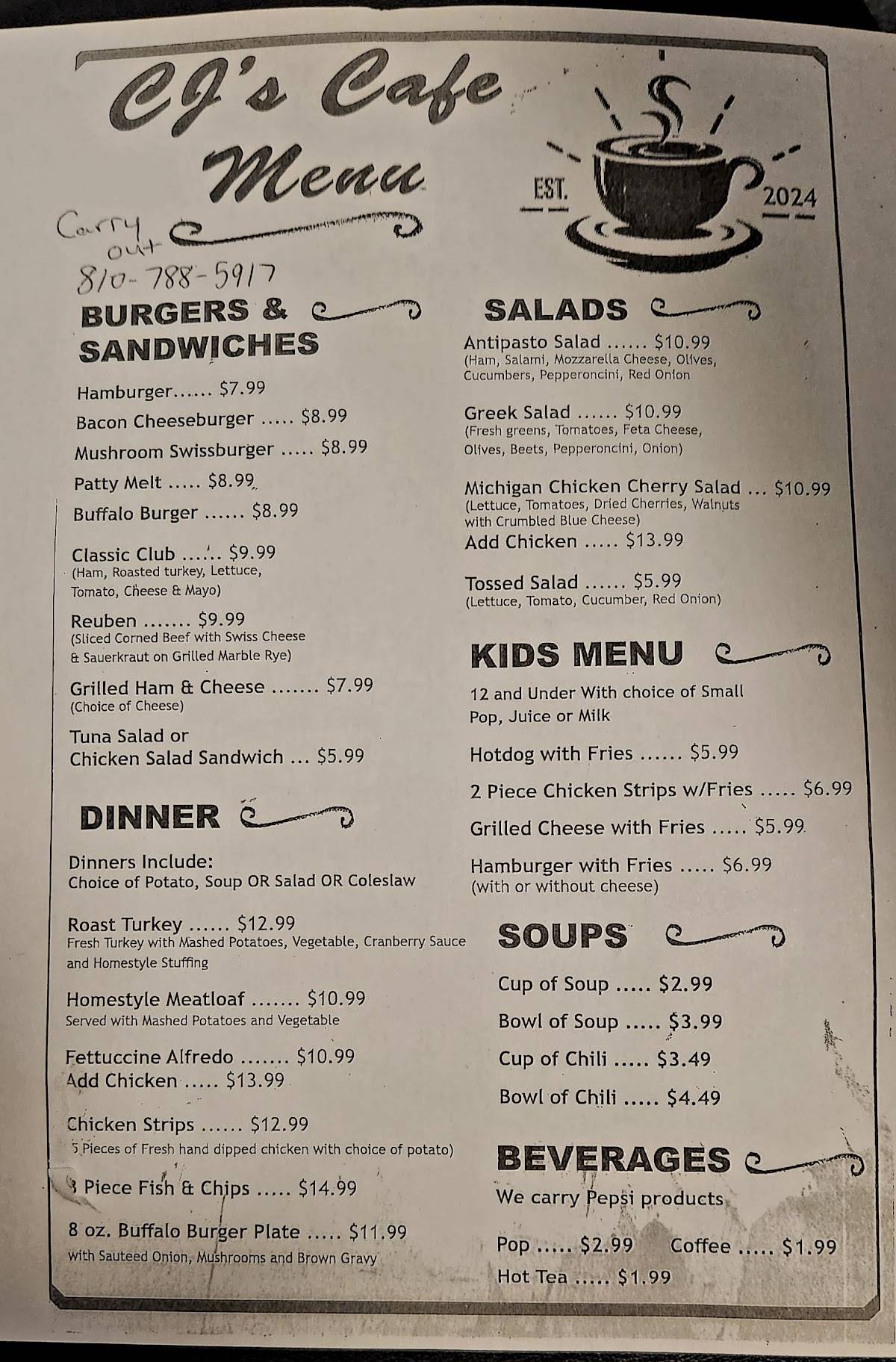 Menu at CJ's Cafe, Yale
