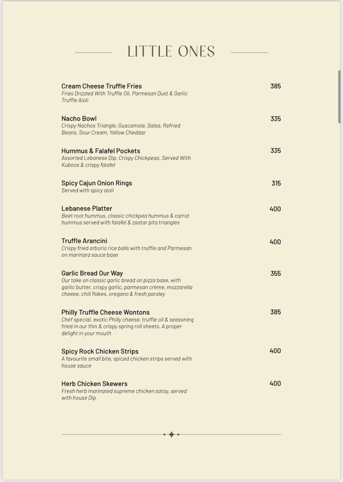 Menu at CORRA, Mumbai