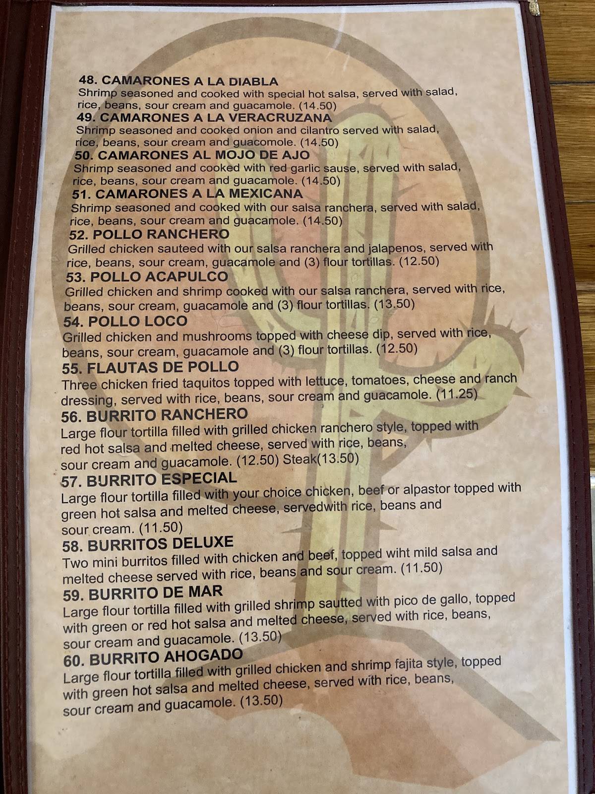 Menu at Cactus Cantina restaurant, Wilmington