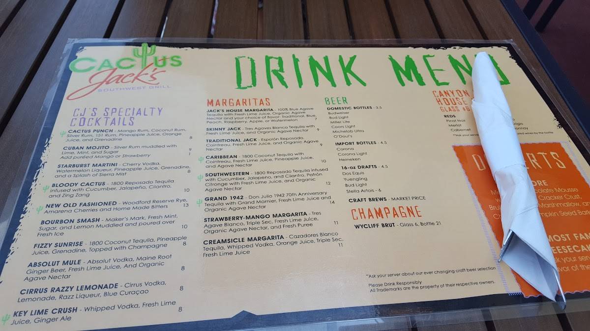 Menu at Cactus Jack's Southwest Grill pub & bar, Virginia Beach