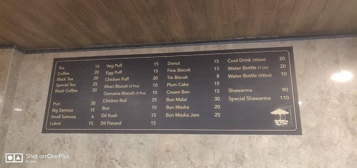 Menu at Café Irani Chai, Hyderabad, RTC cross Road CF4X+H6X Street Number 4