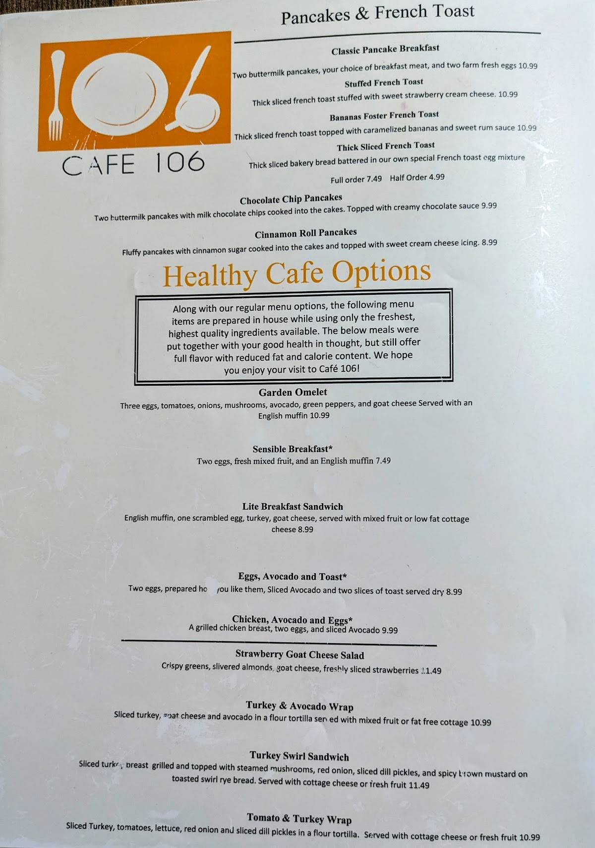 Menu at Cafe 106, Ludington