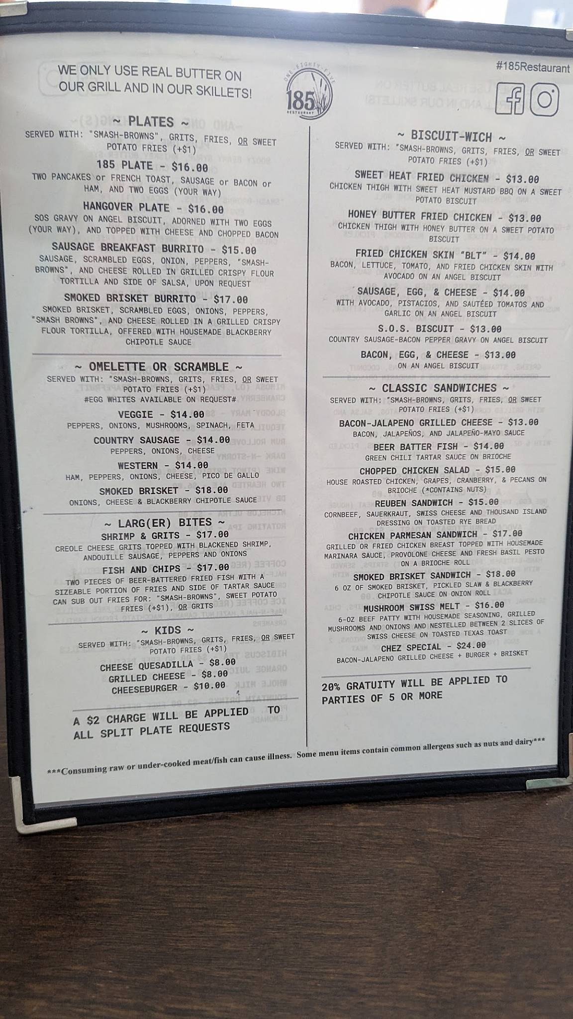 Menu at 185 cafe, Poquoson