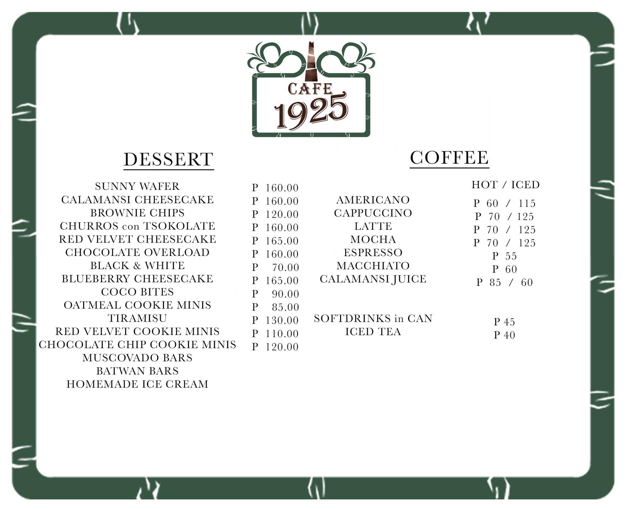 Menu at Café 1925 Silay City restaurant, Silay City