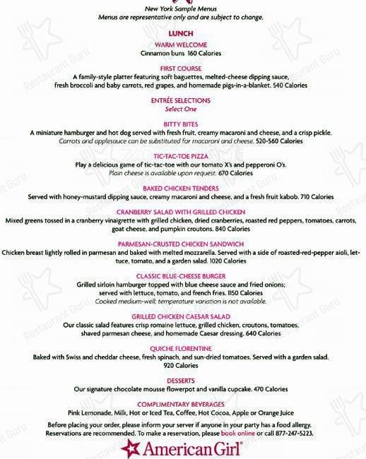 Menu at American Girl Cafe, West New York, 75 Rockefeller Plaza