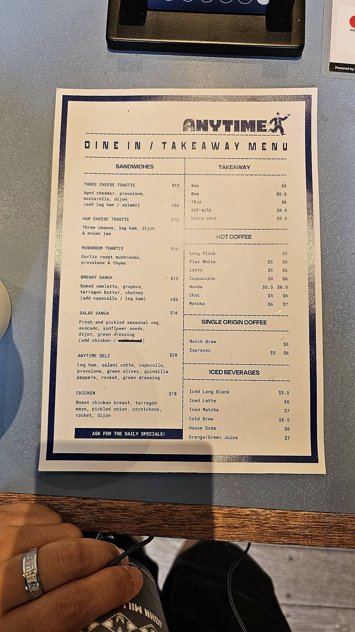 Menu at Anytime Coffee cafe, Brisbane City
