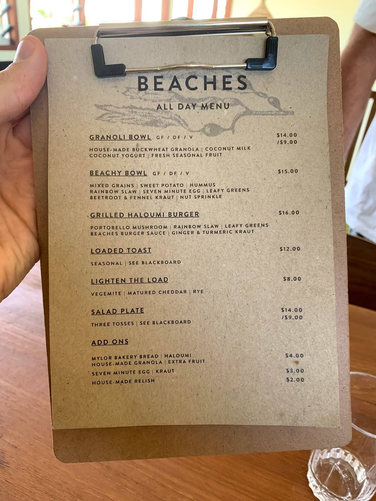 Carta del café Beaches, Port Elliot