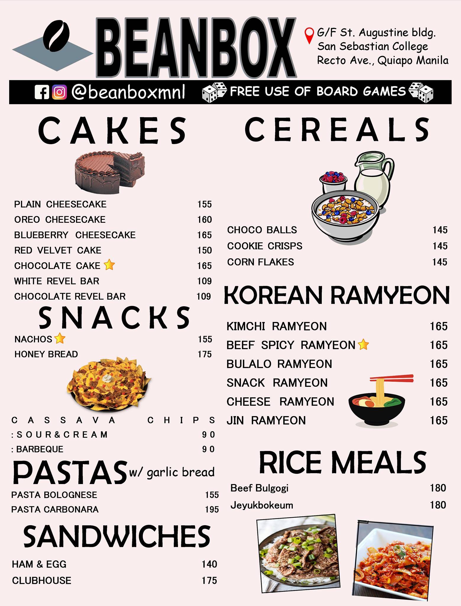 Menu at Beanbox cafe, Manila