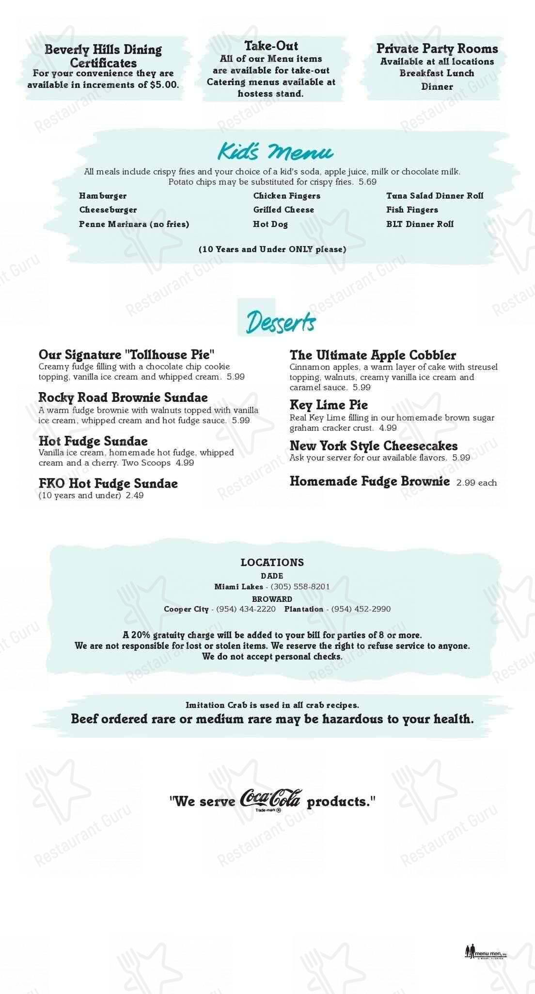 Menu at Beverly Hills Cafe, Davie, Cleary Blvd