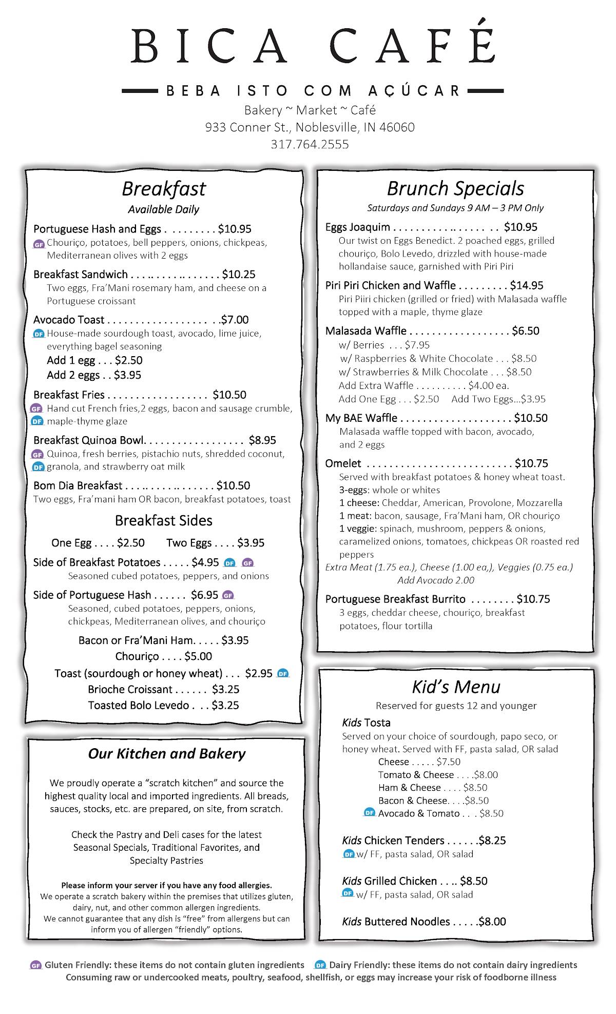 Menu at Bica Café cafe, Noblesville