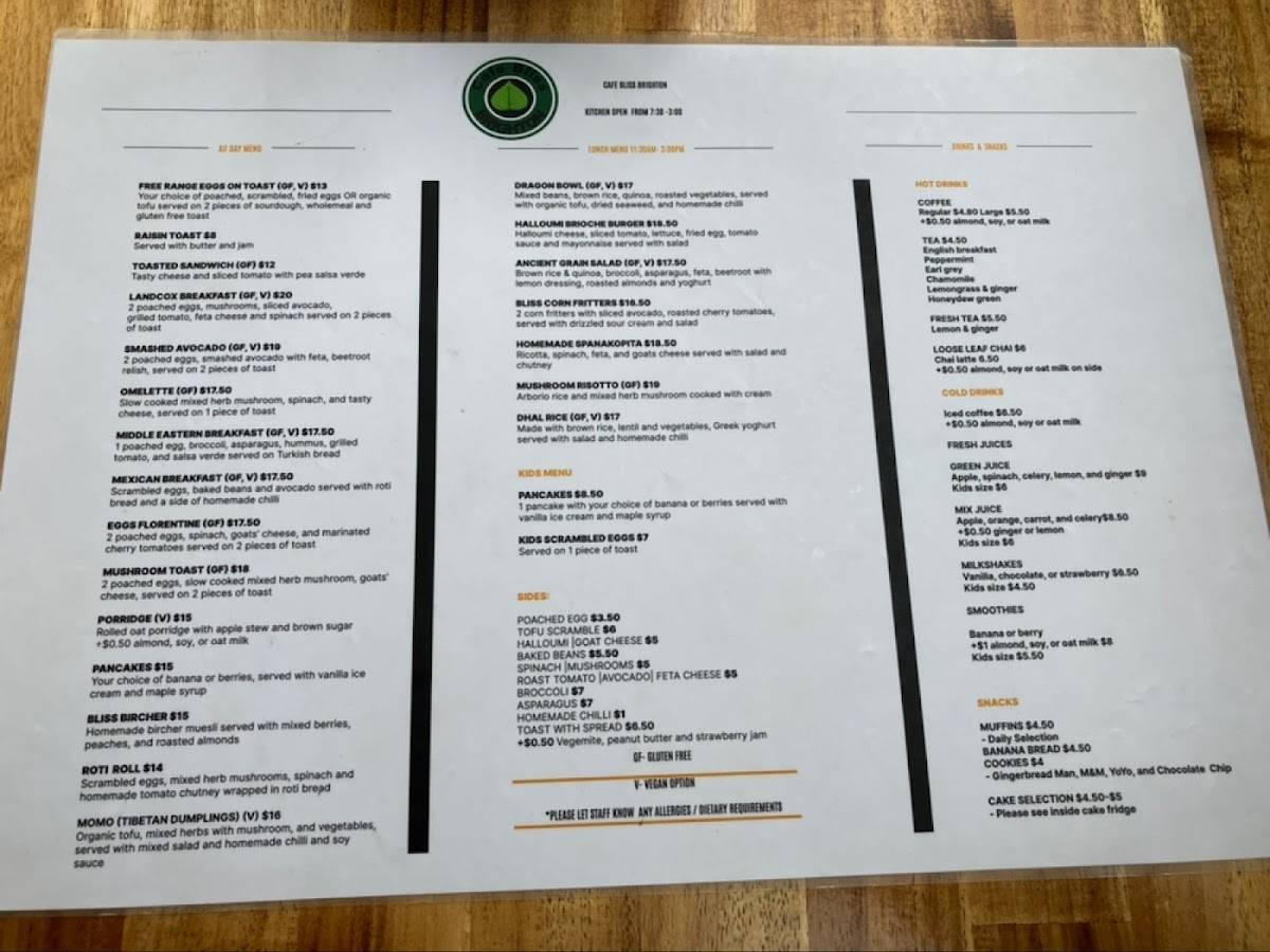 Menu at Cafe Bliss Brighton, Brighton East