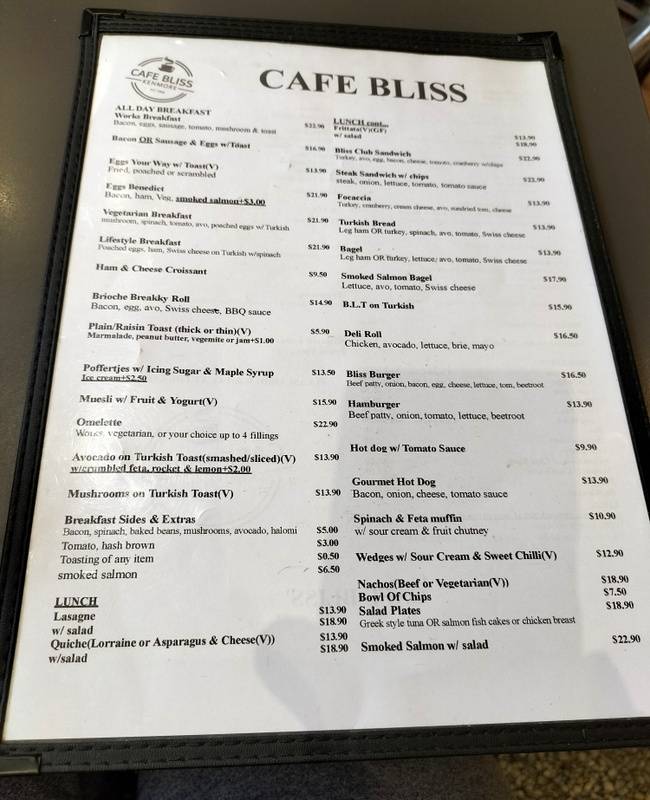 Menu at Cafe Bliss, Kenmore Hills, 6/9 Brookfield Rd