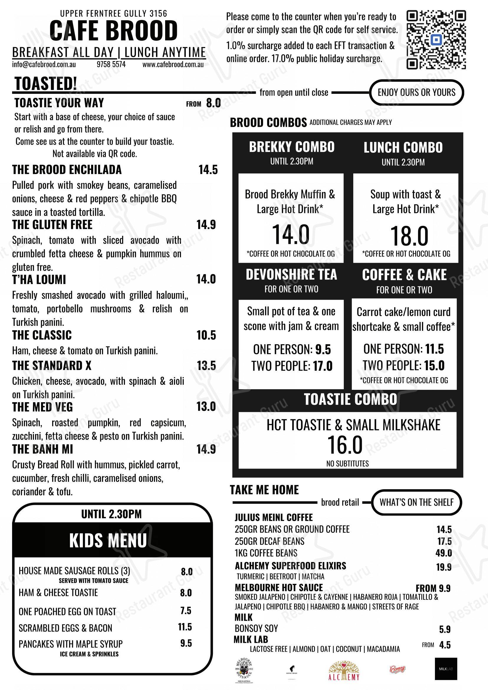 Menu at Cafe Brood, Upper Ferntree Gully