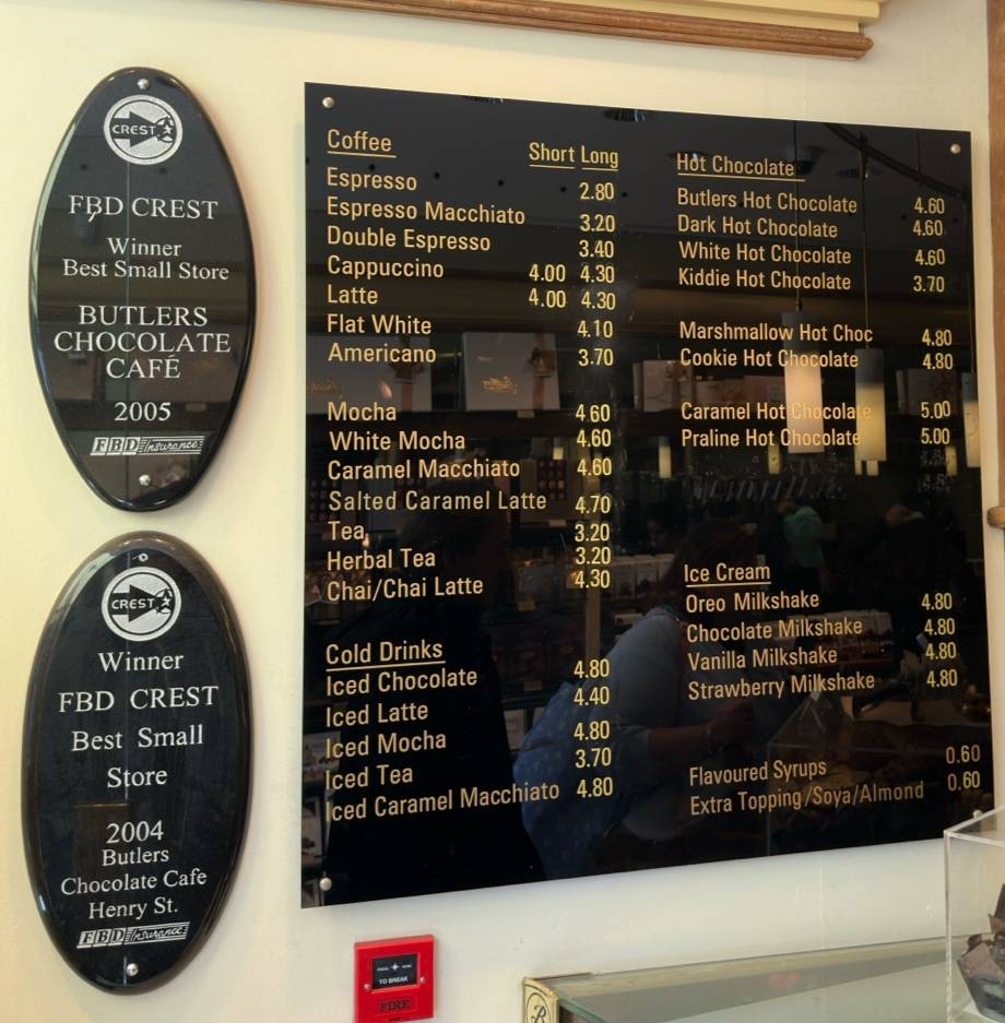 Menu at Butlers Chocolate Café cafe, Dublin, 31 Henry St