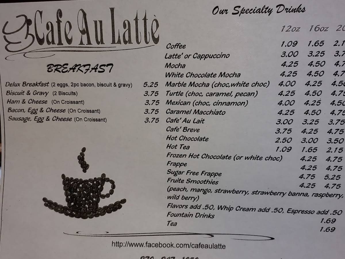 Menu at Cafe Au Latte, Mayfield, Paris Rd