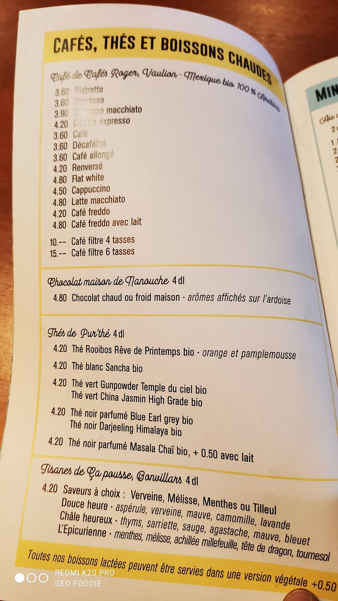 Menu au Café Primeur, Yverdon-les-Bains
