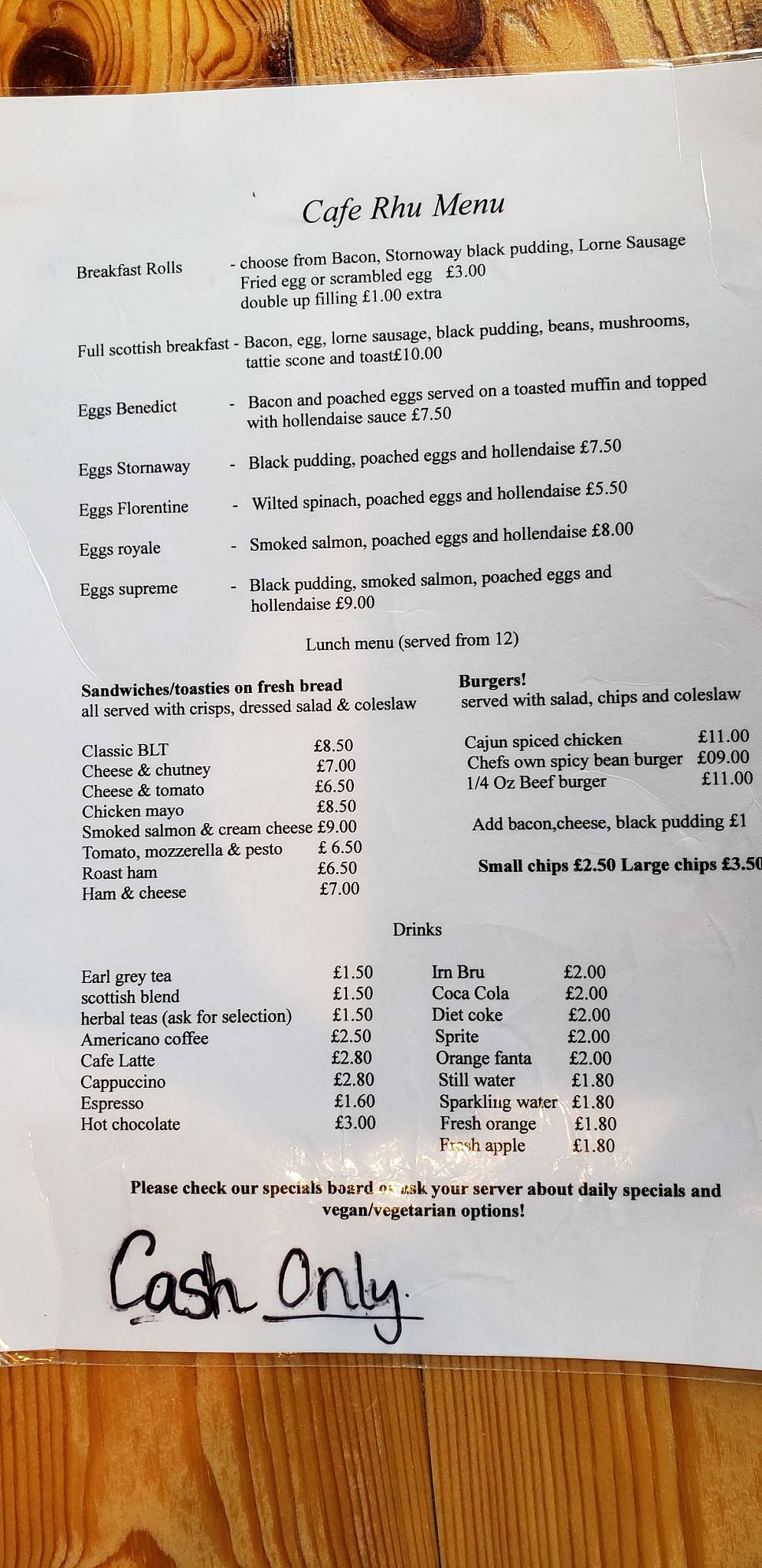 Menu at Cafe Rhu, Arisaig