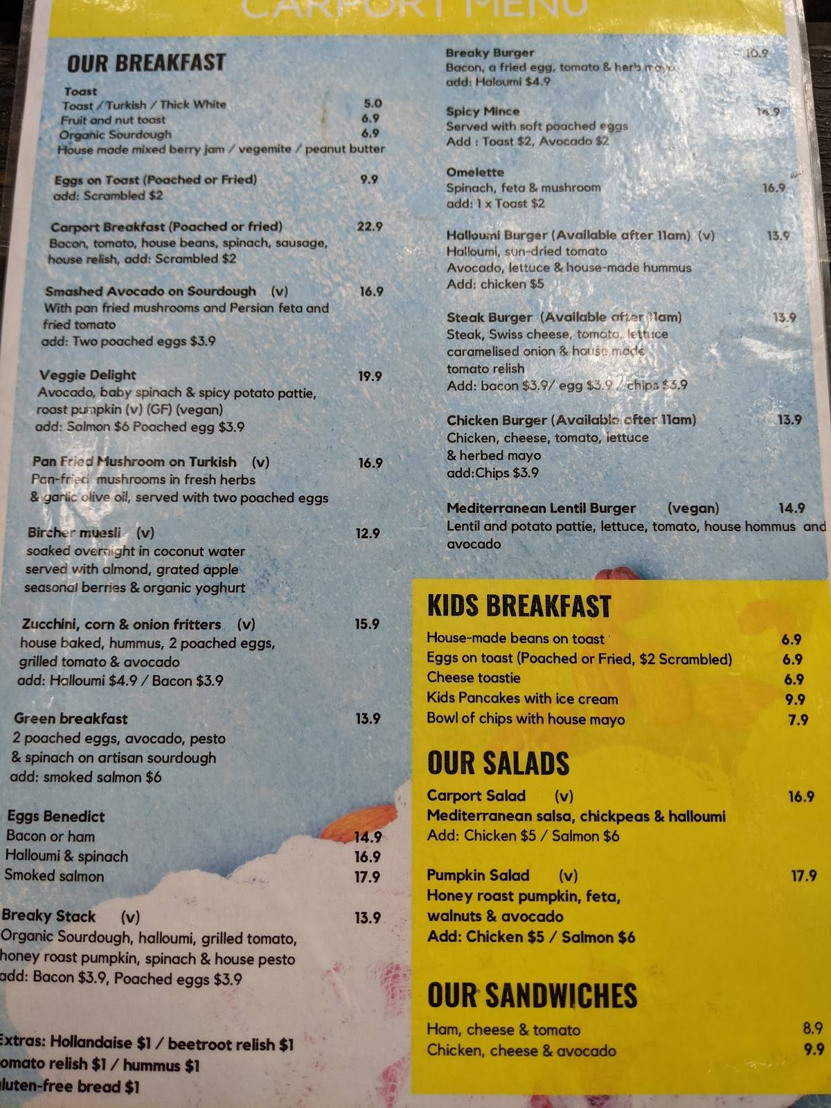Menu at Carport Cafe, Cannon Hill