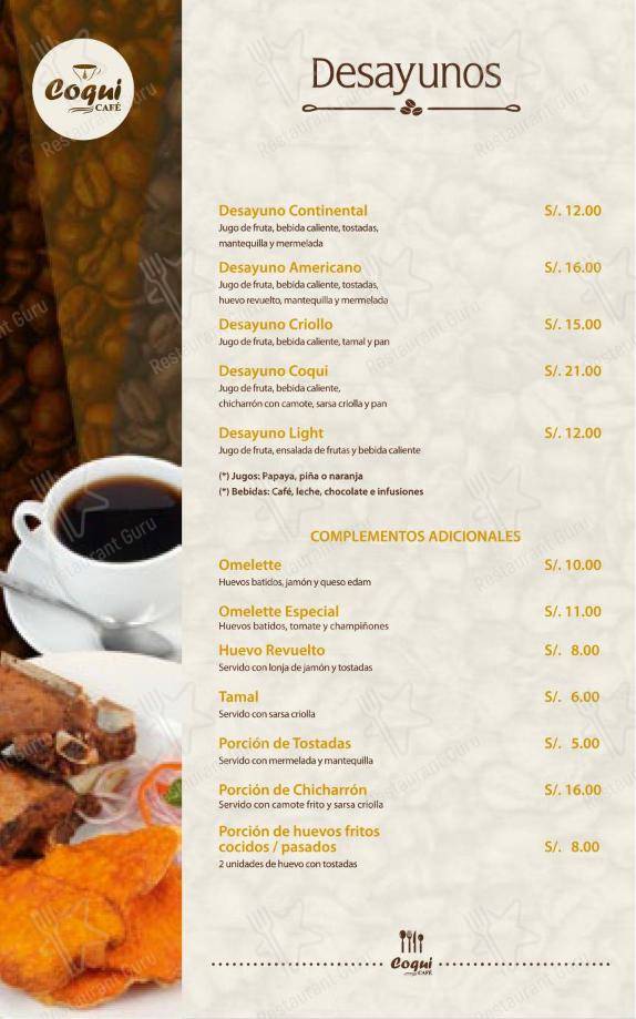 Carta de Coqui Café, Huancayo, Av. Ferrocarril 1035
