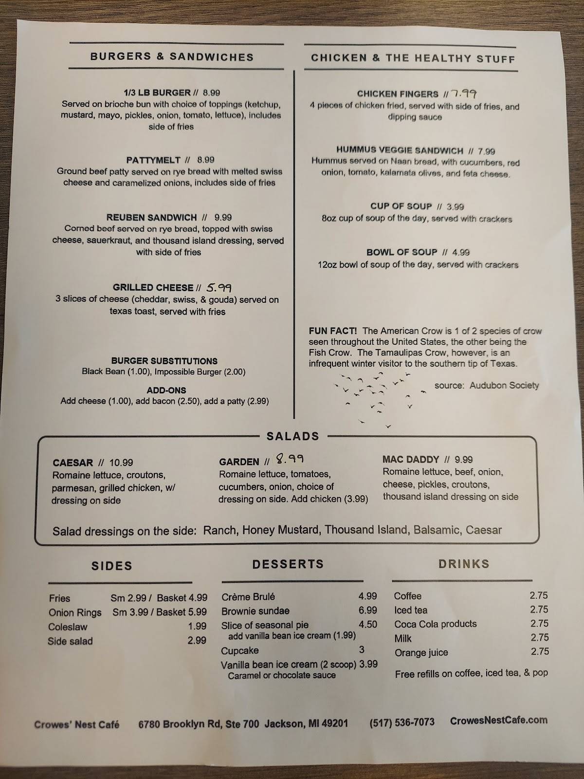 Menu at Crowes' Nest Cafe, Napoleon