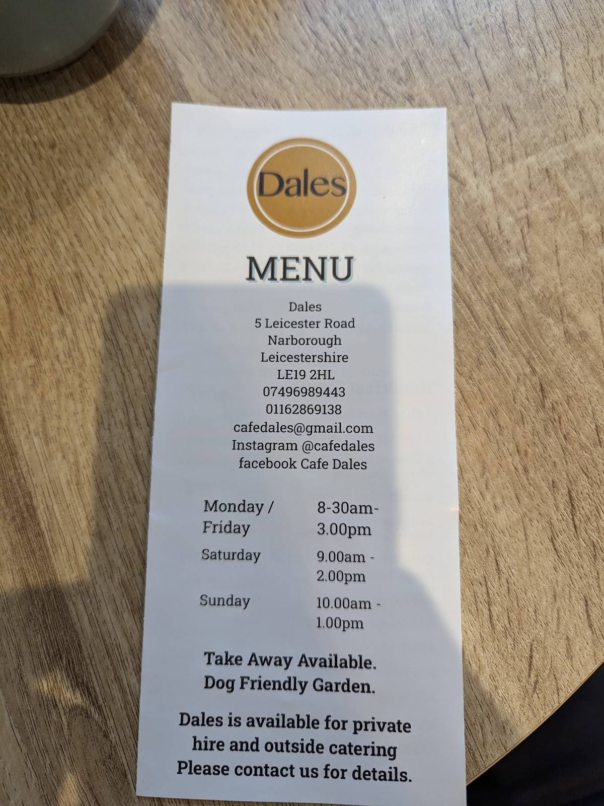 Menu at Cafe Dales, Leicester