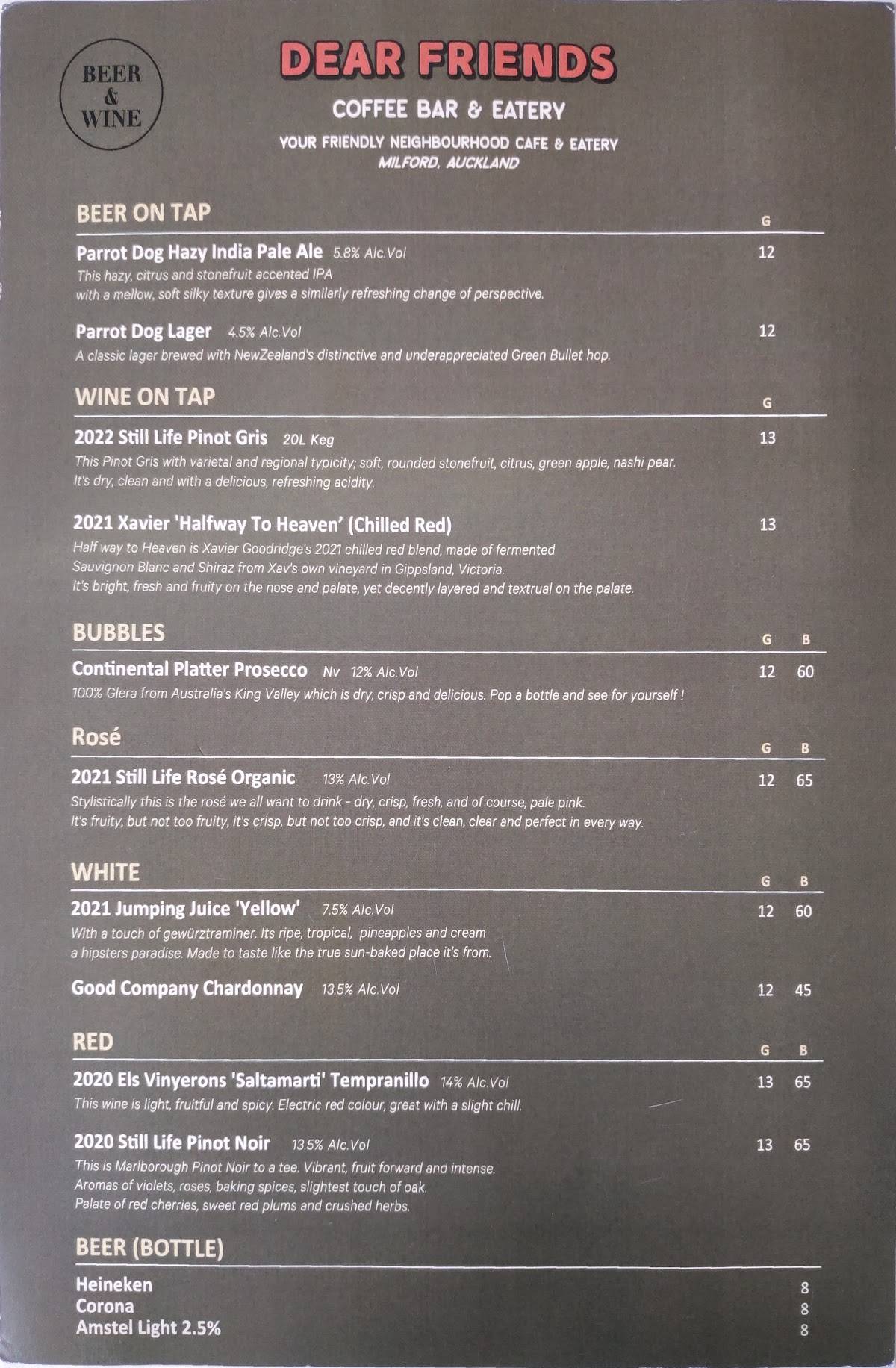 Menu at Dear Friends Cafe, Auckland
