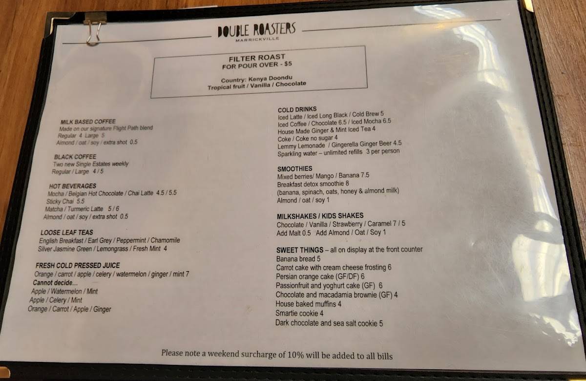 Menu at Double Roasters Cafe, Marrickville, 199 Victoria Rd
