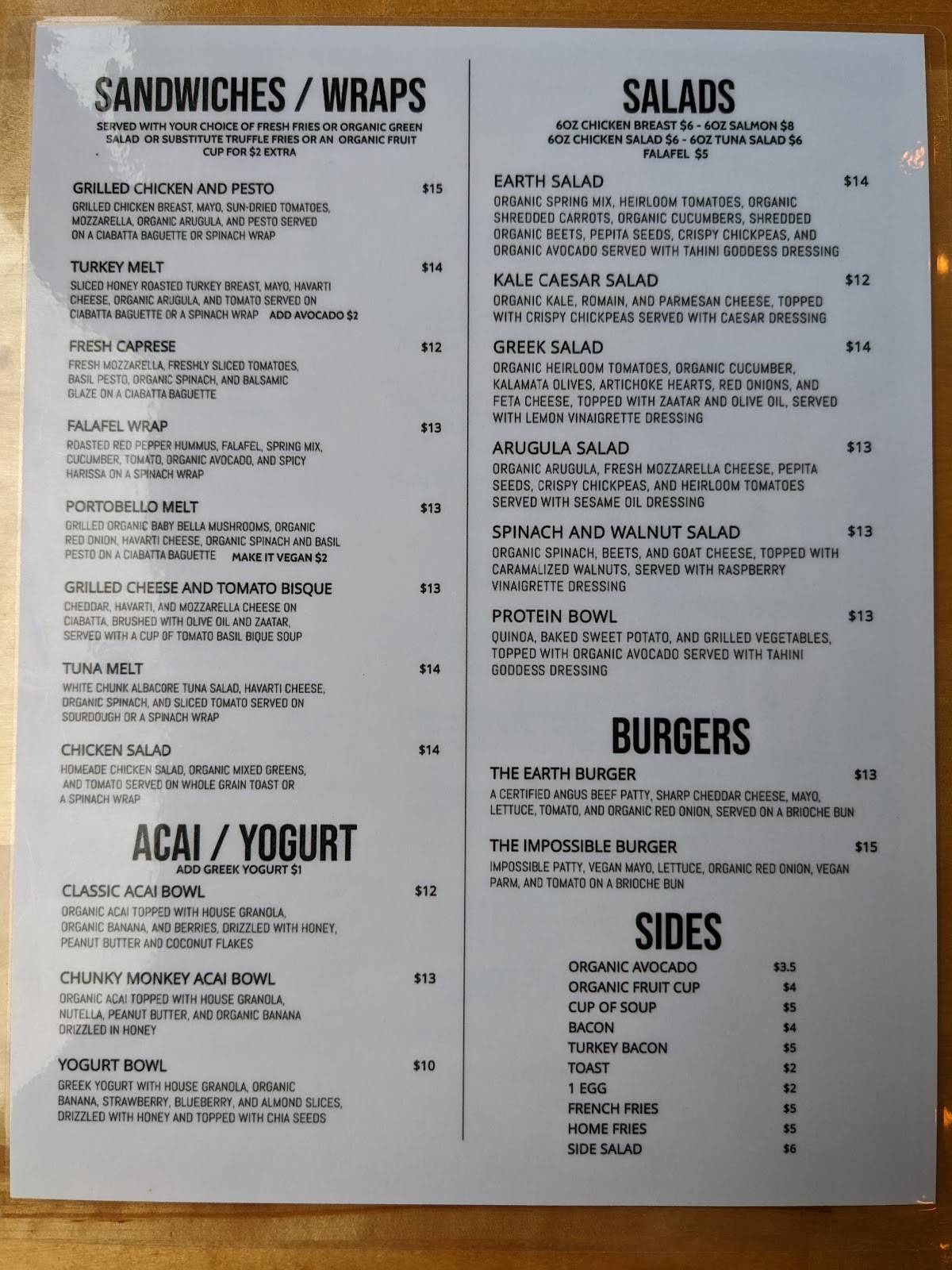 Menu at Earth Cafe, Myrtle Beach