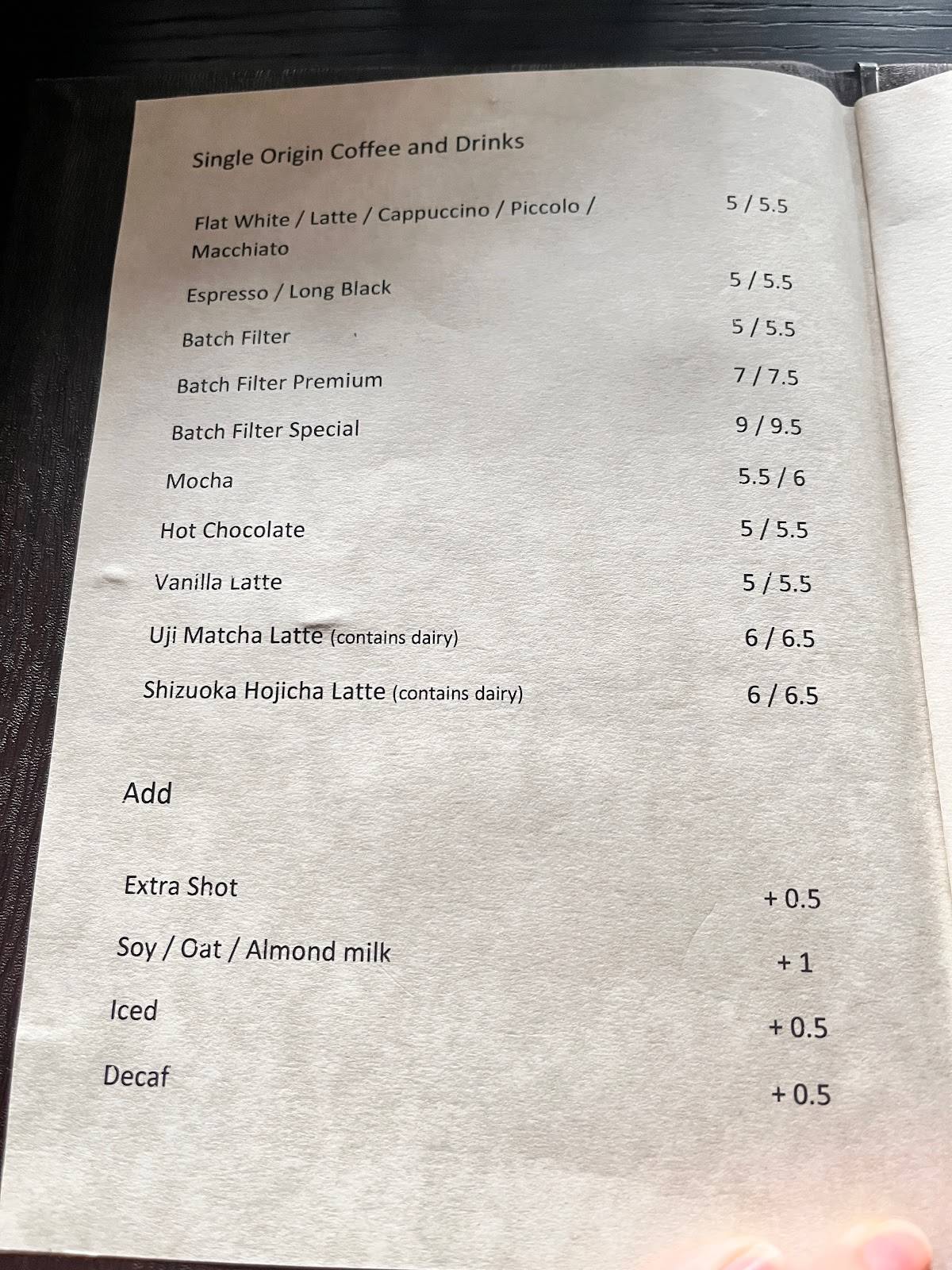 Menu at Edition Roasters cafe, Sydney, 60 Darling Dr