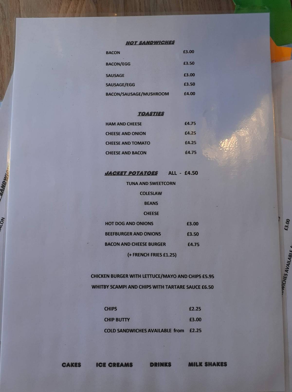Menu at Endeavour Cafe, Whitby