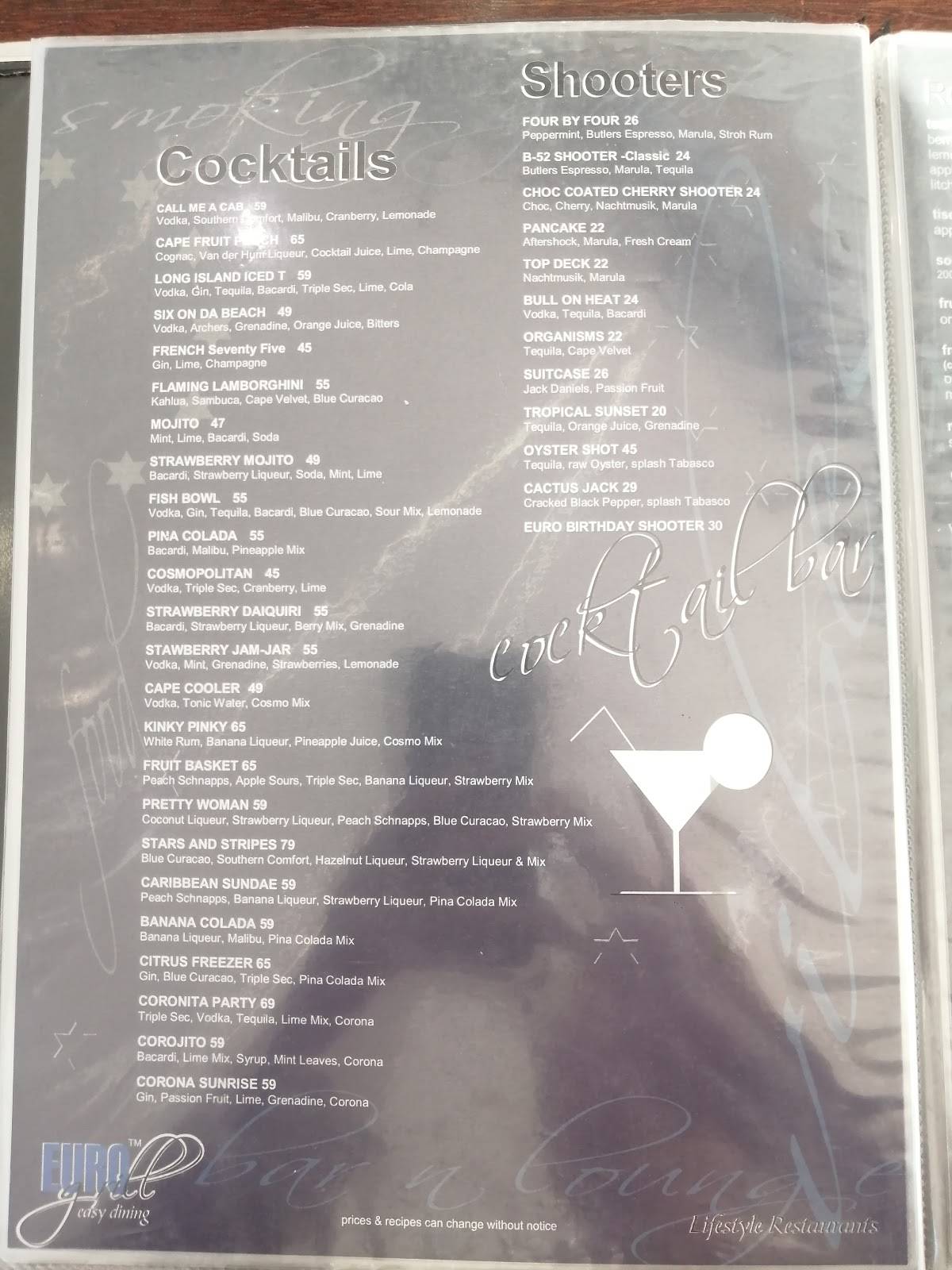 Menu at Euro Caffé cafe, Bloemfontein, U32 Mimosa Mall