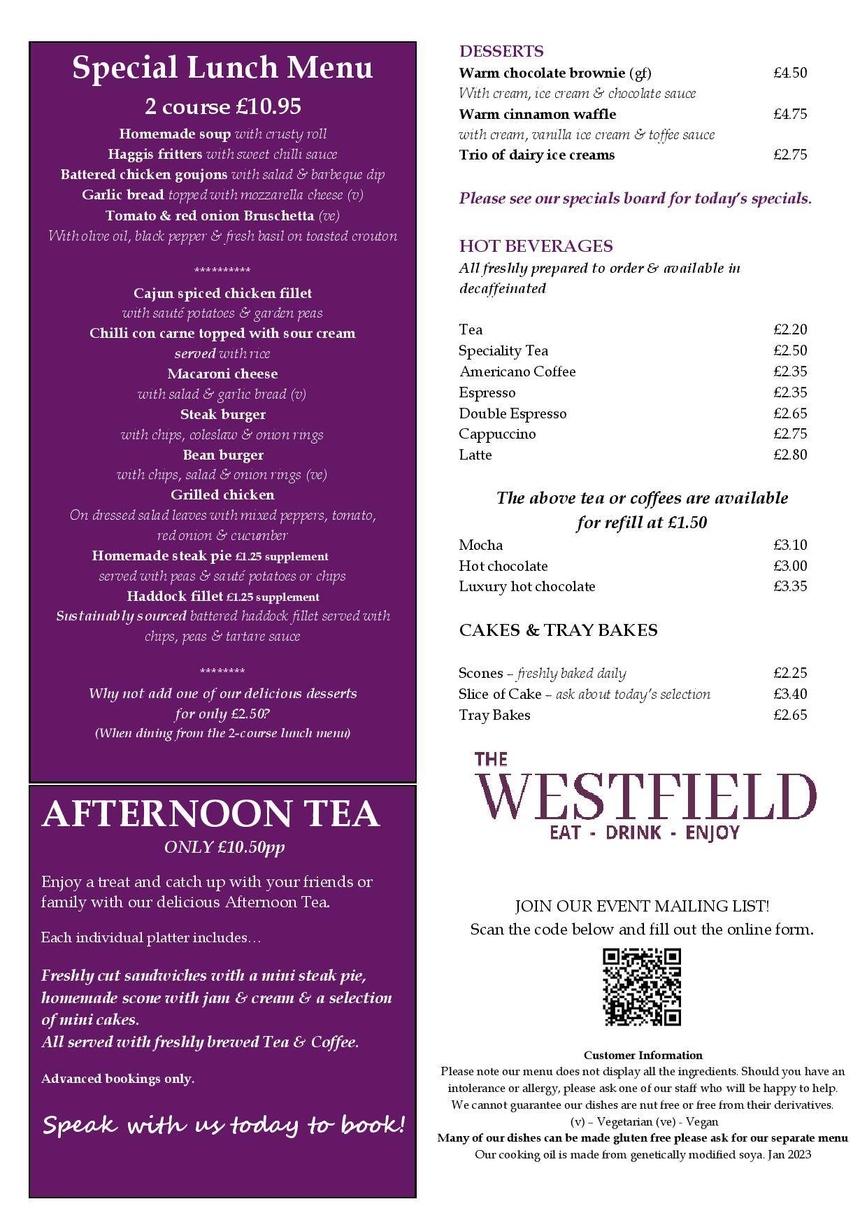 Menu at Falkirk Stadium cafe, Falkirk