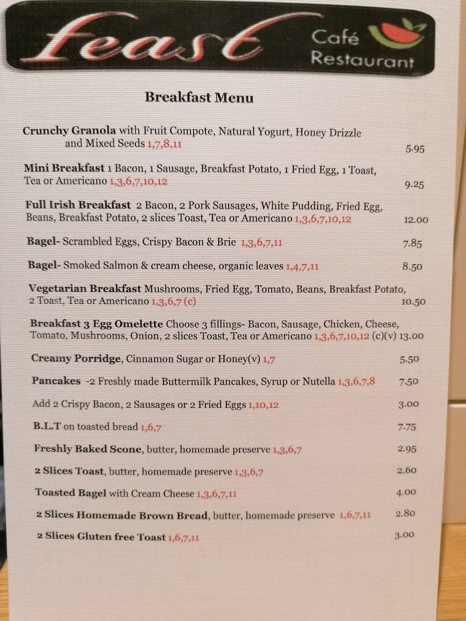 Menu at Feast Cafe and Restaurant, Roscommon