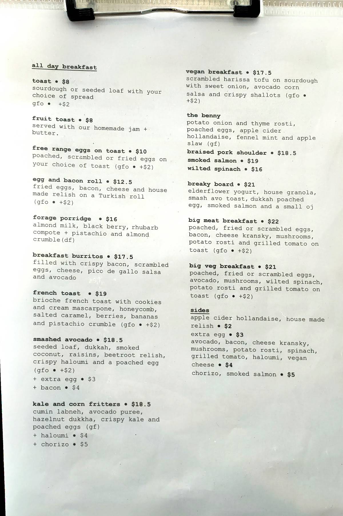 Menu at Forage Food Store cafe, Boronia