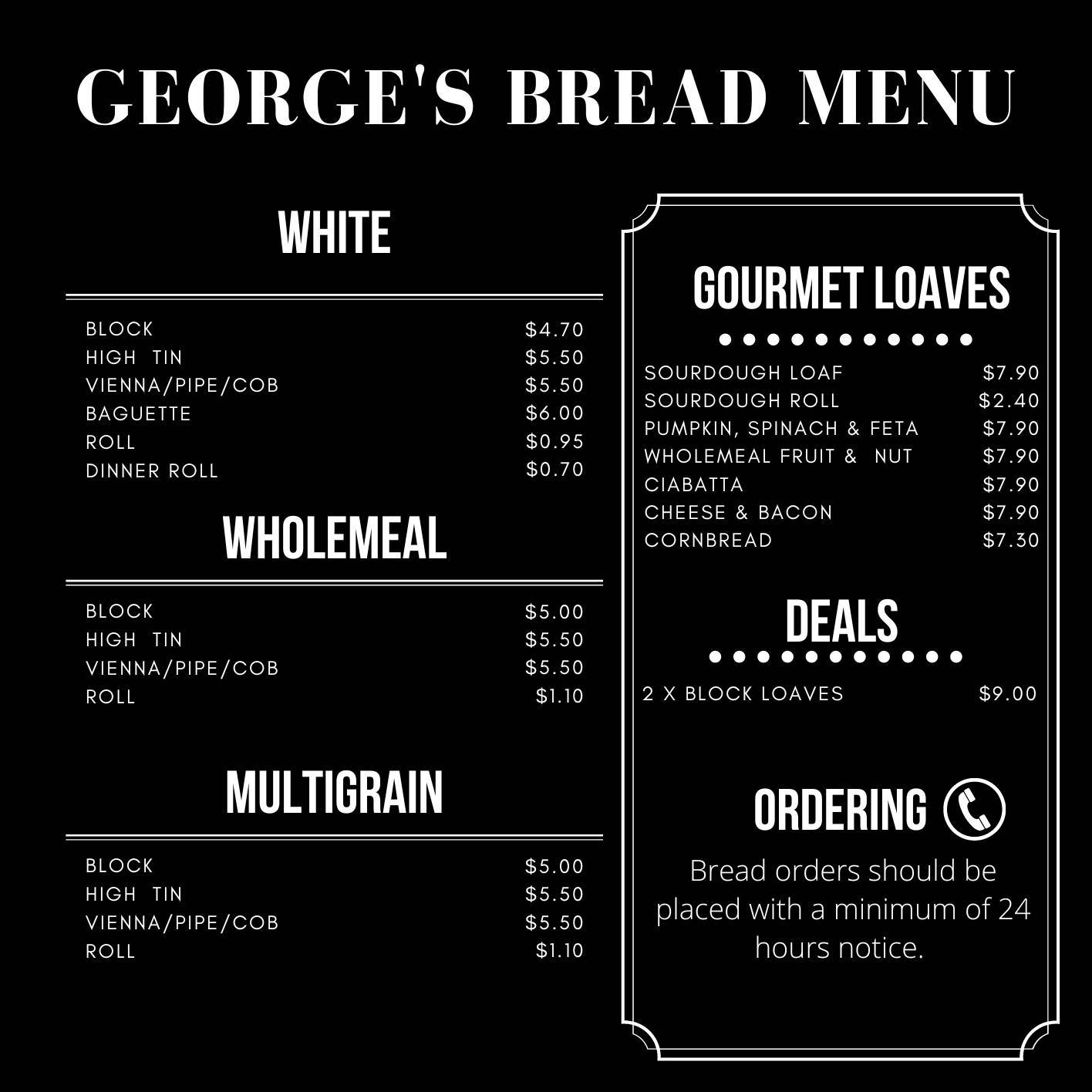 Menu at George's Bakehouse Huntly cafe, Huntly