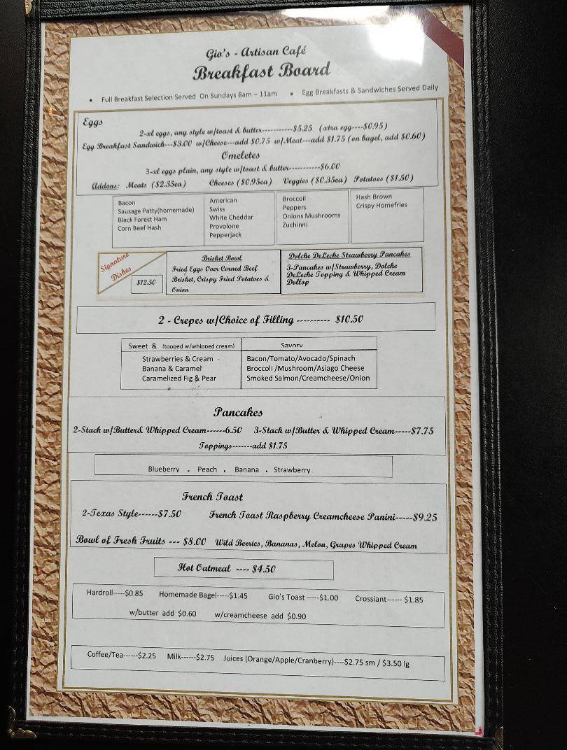 Menu at Gio's Gelato cafe, Port Jervis, 31 Pike St