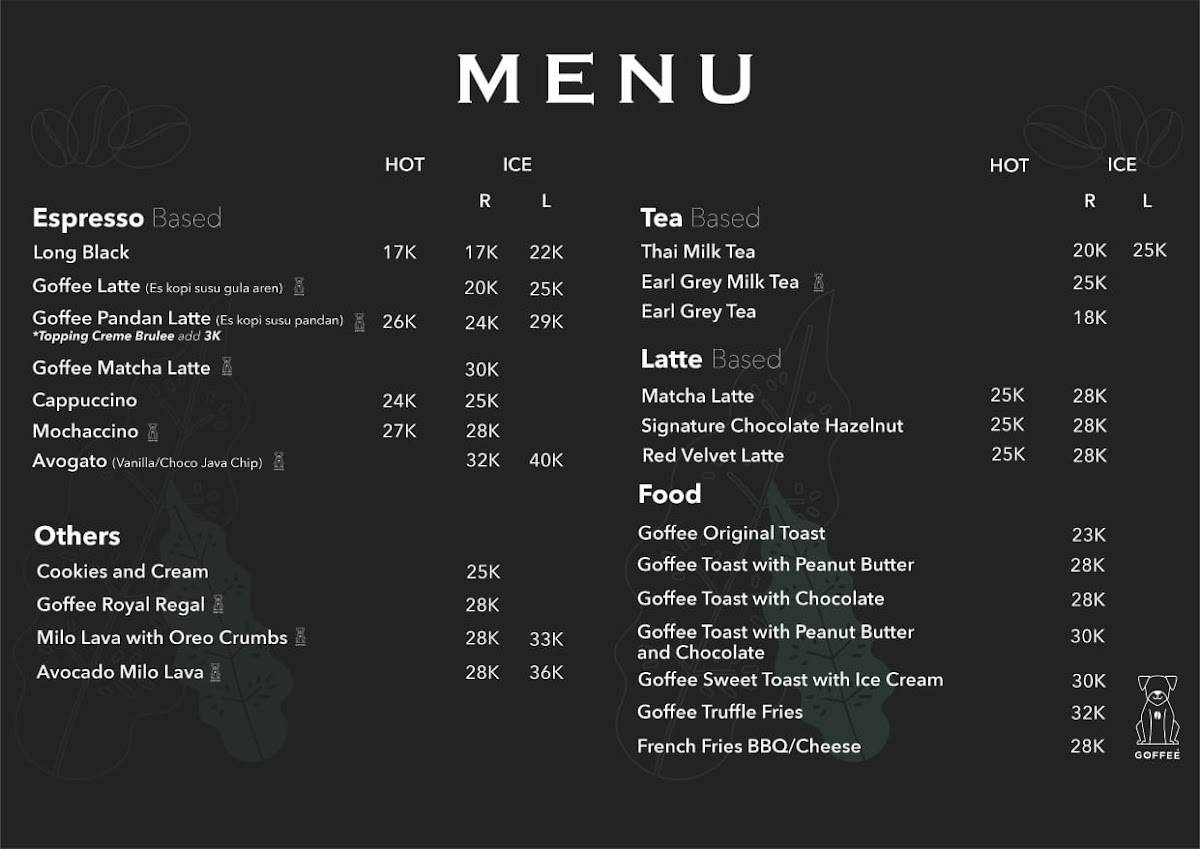 Menu at Goffee Karawaci cafe, Binong