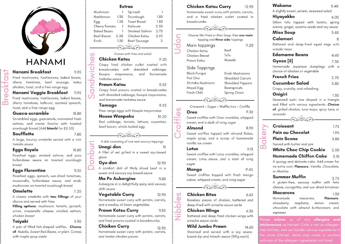 Menu at Hanami cafe, Cambridge