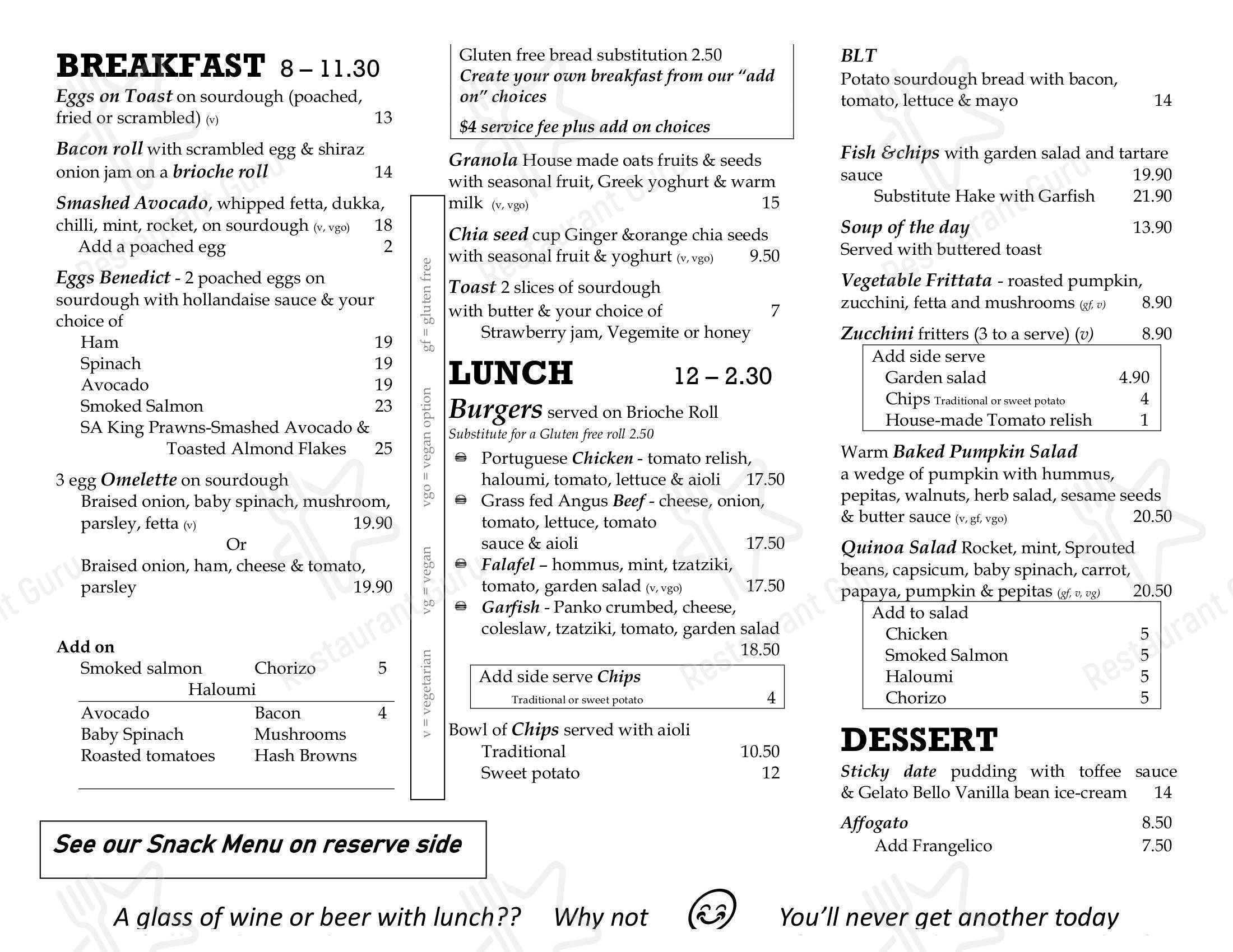 Menu at Historic Lounders Boatshed Cafe, Adelaide