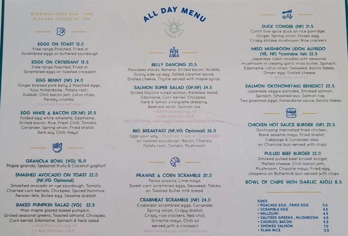 Menu at Humble Rays cafe, Carlton