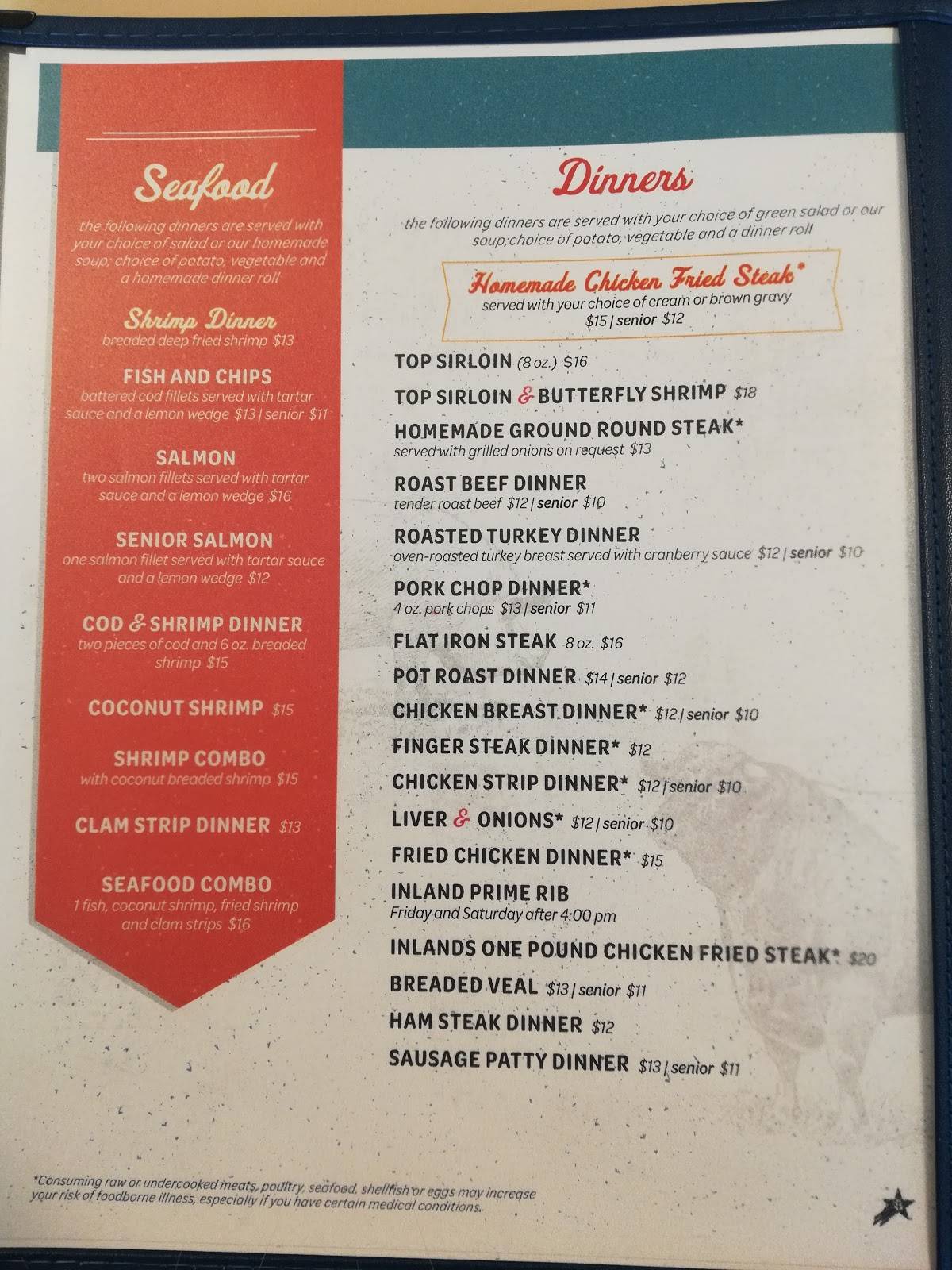 Menu at Inland Cafe, Baker City