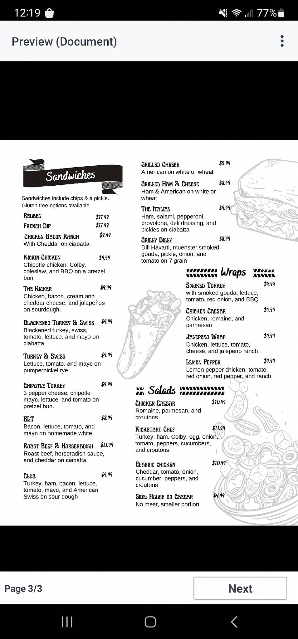 Menu at Kick Start Cafe, Grant