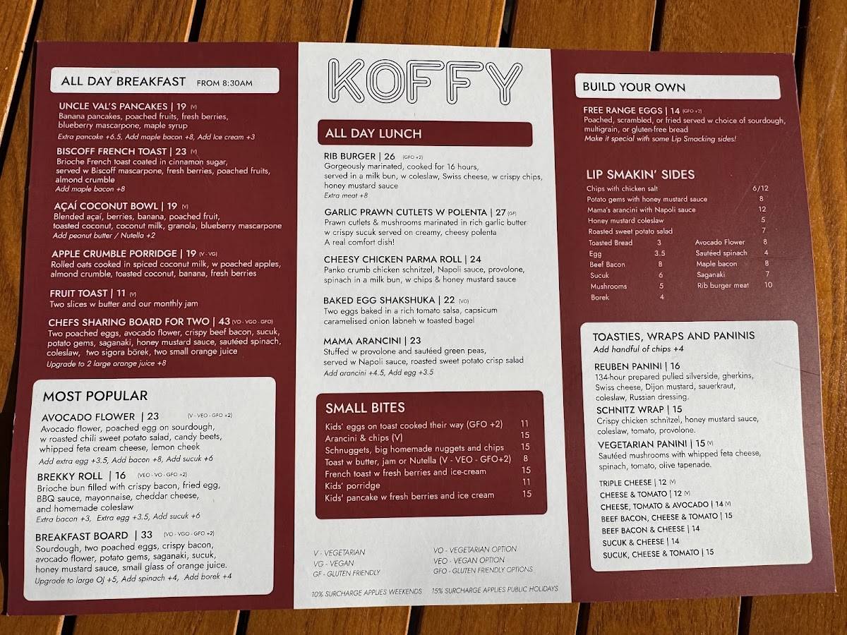 Menu at Koffy cafe, Gladstone Park