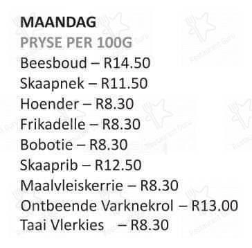 Menu at Kontrei Kombuis restaurant, Pretoria, 29 Braam Pretorius St