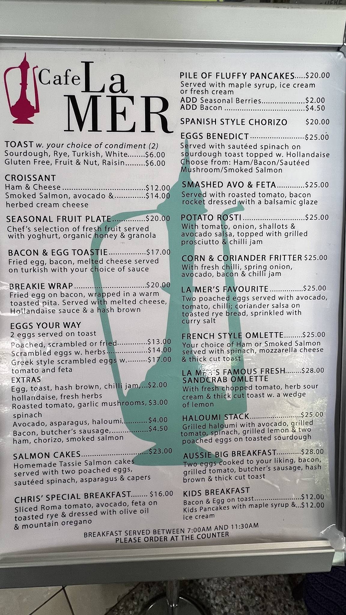 Menu at Cafe La Mer, Manly