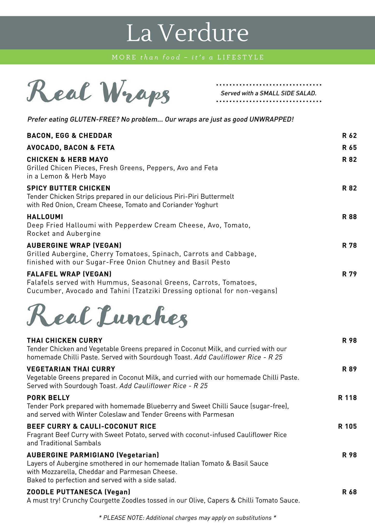 Menu at La Verdure Real Food Cafe, Gillitts