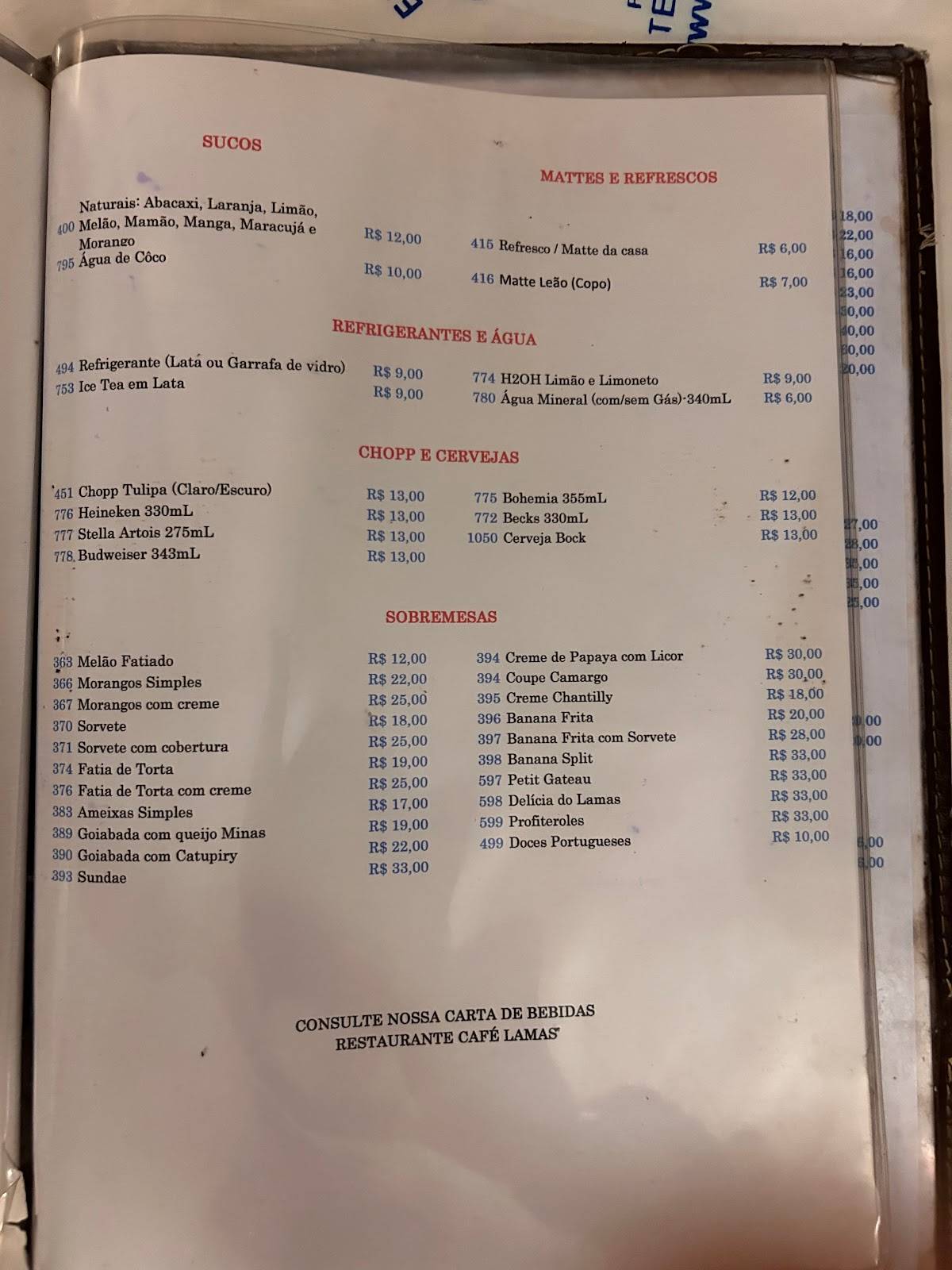 Menu em Café Lamas, Rio de Janeiro, R Marquês de Abrantes 18